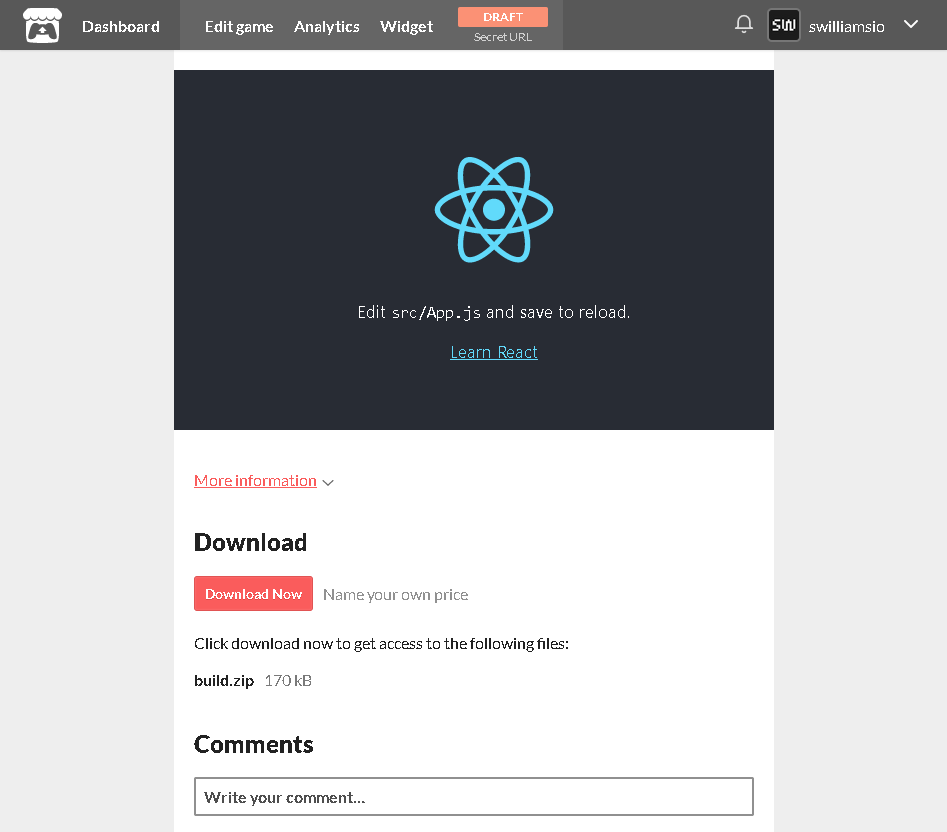 Using ReactJS On Itch io SWilliams io
